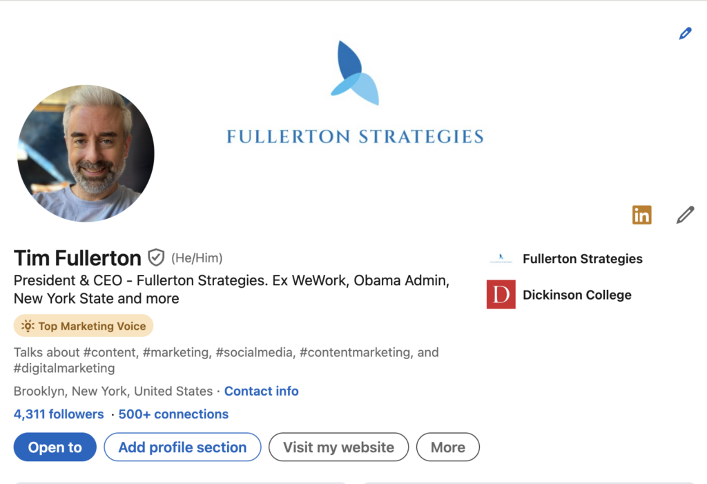 Tim named top marketing voice on LinkedIn - Fullerton Strategies